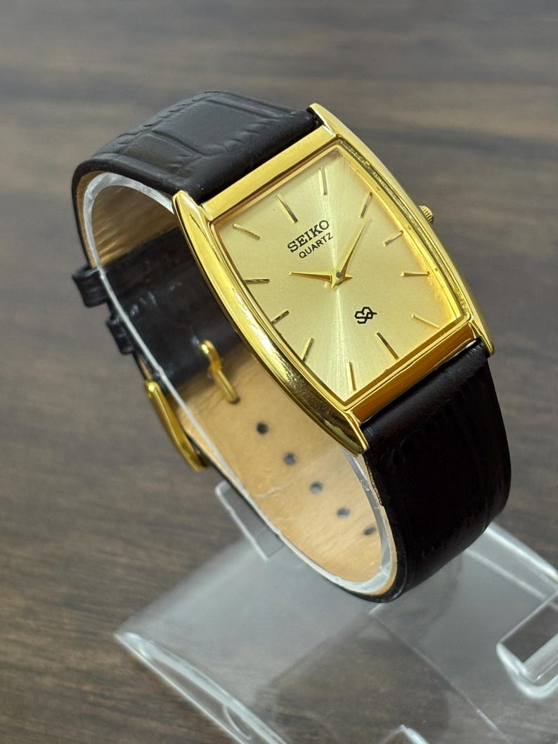 Vintage Seiko Quartz Watch: Slim Rectangle Gold Tone, Leather Band - Etsy