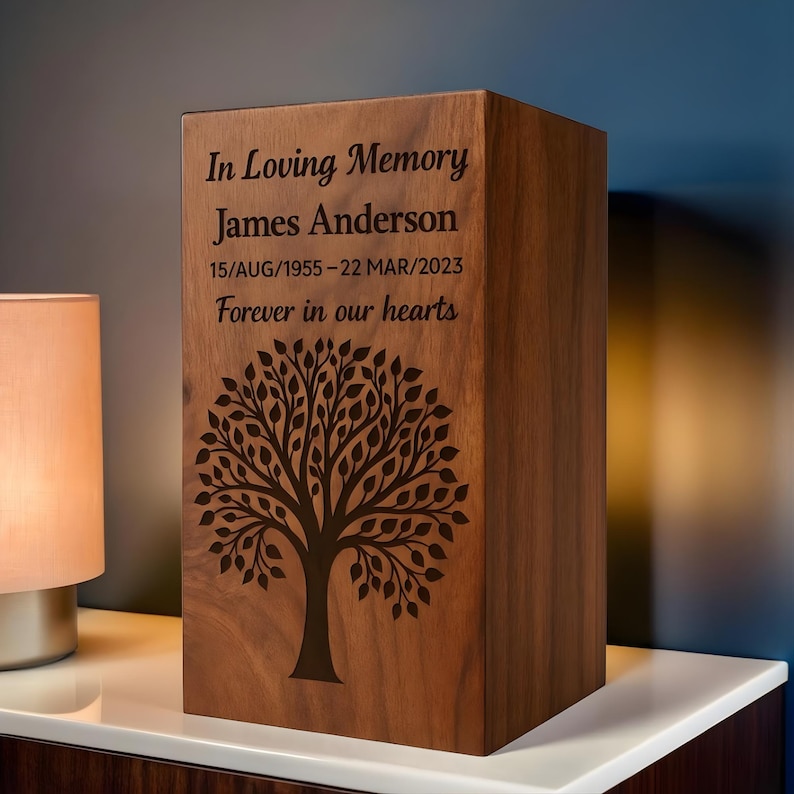 Personalized Wooden Memorial Urn Box Engraved Tree Design Sympathy ...