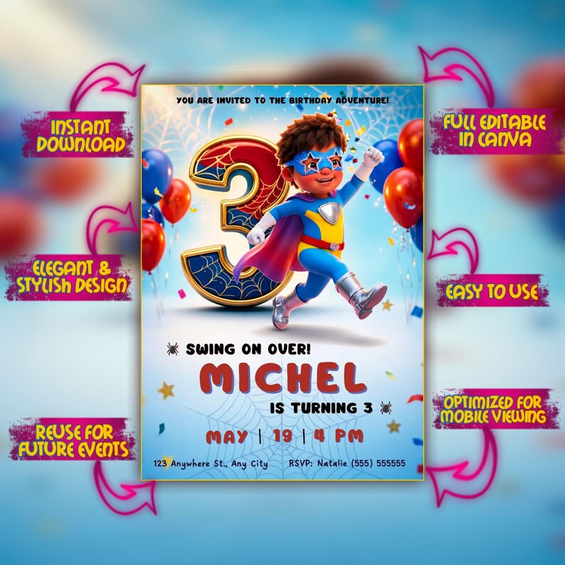 Superhero 3rd Birthday Invitation, Boys Party Invite, Editable Canva ...