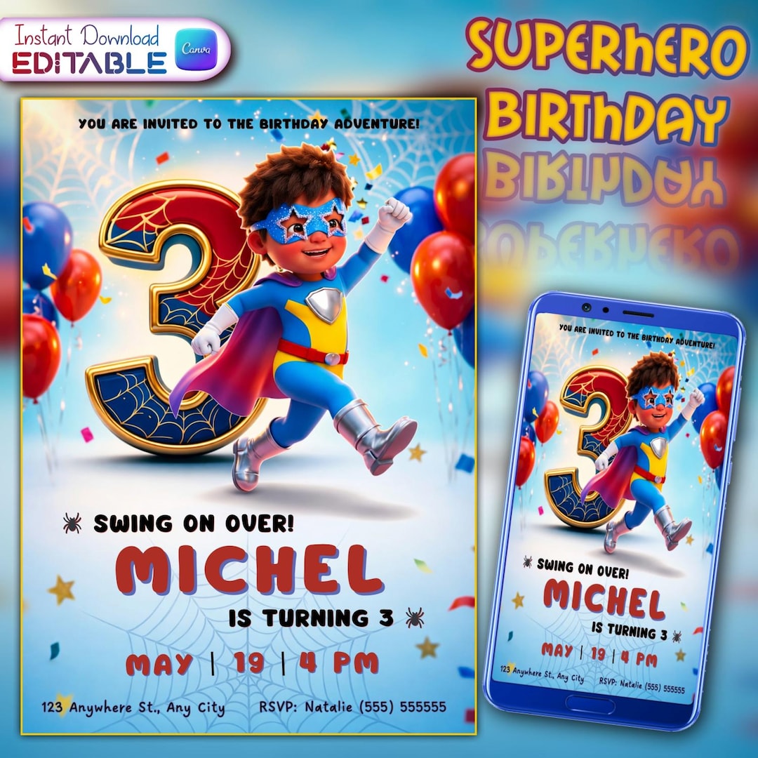 Superhero 3rd Birthday Invitation, Boys Party Invite, Editable Canva ...