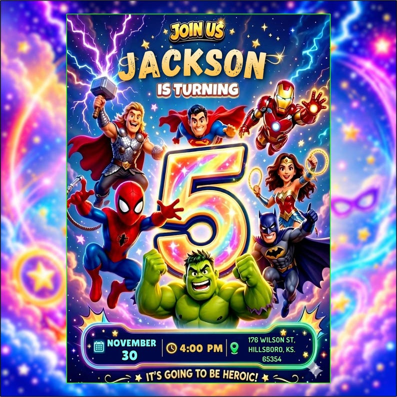Age 5 Superhero Birthday Invite Editable, Boys Hero Team Party ...