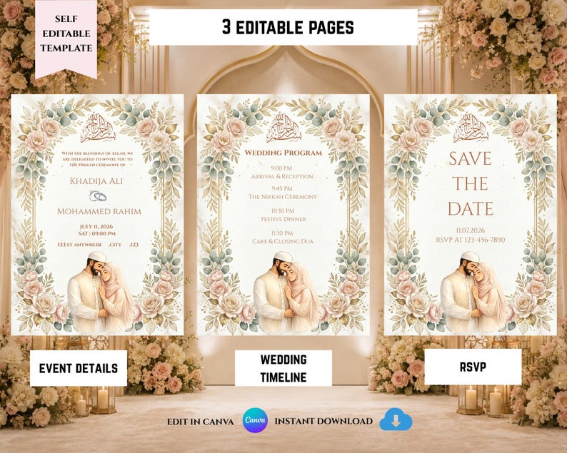 Floral Muslim Nikkah Invitation Card Canva Template 5x7 With Wedding ...