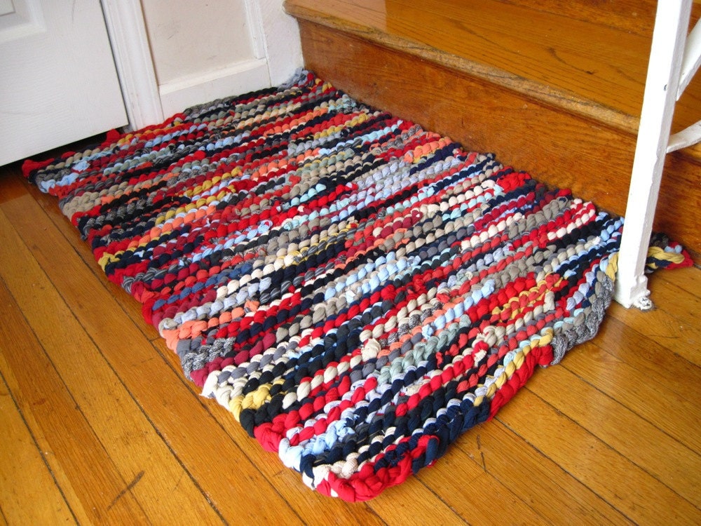 Upcycled T Shirt Rag Rug Navy Red Coral Tan Gray Rustic - Etsy