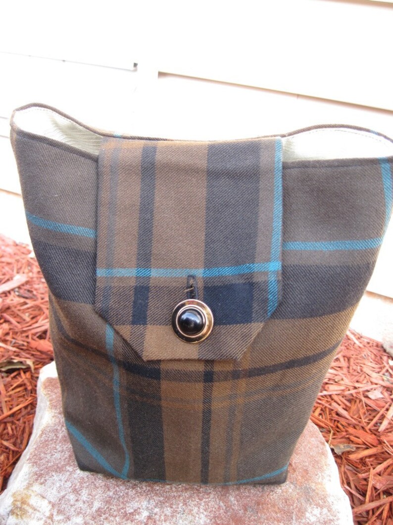 Plaid Reusable Gift Bags in Brown, Turquoise, Black and Gold Fabric ...