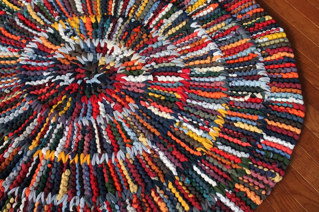 Round Rag Rug, Modern Nursery Decor in Orange Gray Teal Navy Blue ...