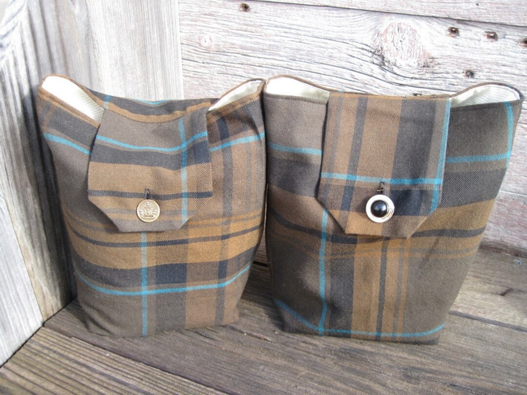 Plaid Reusable Gift Bags in Brown, Turquoise, Black and Gold Fabric ...