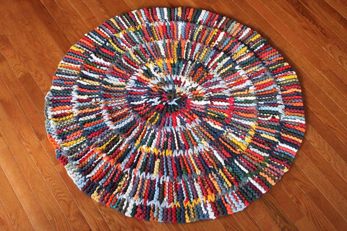 Round Rag Rug Modern Nursery Decor in Orange Gray Teal Navy | Etsy