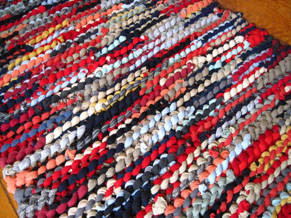 Upcycled T Shirt Rag Rug Navy Red Coral Tan Gray Rustic - Etsy