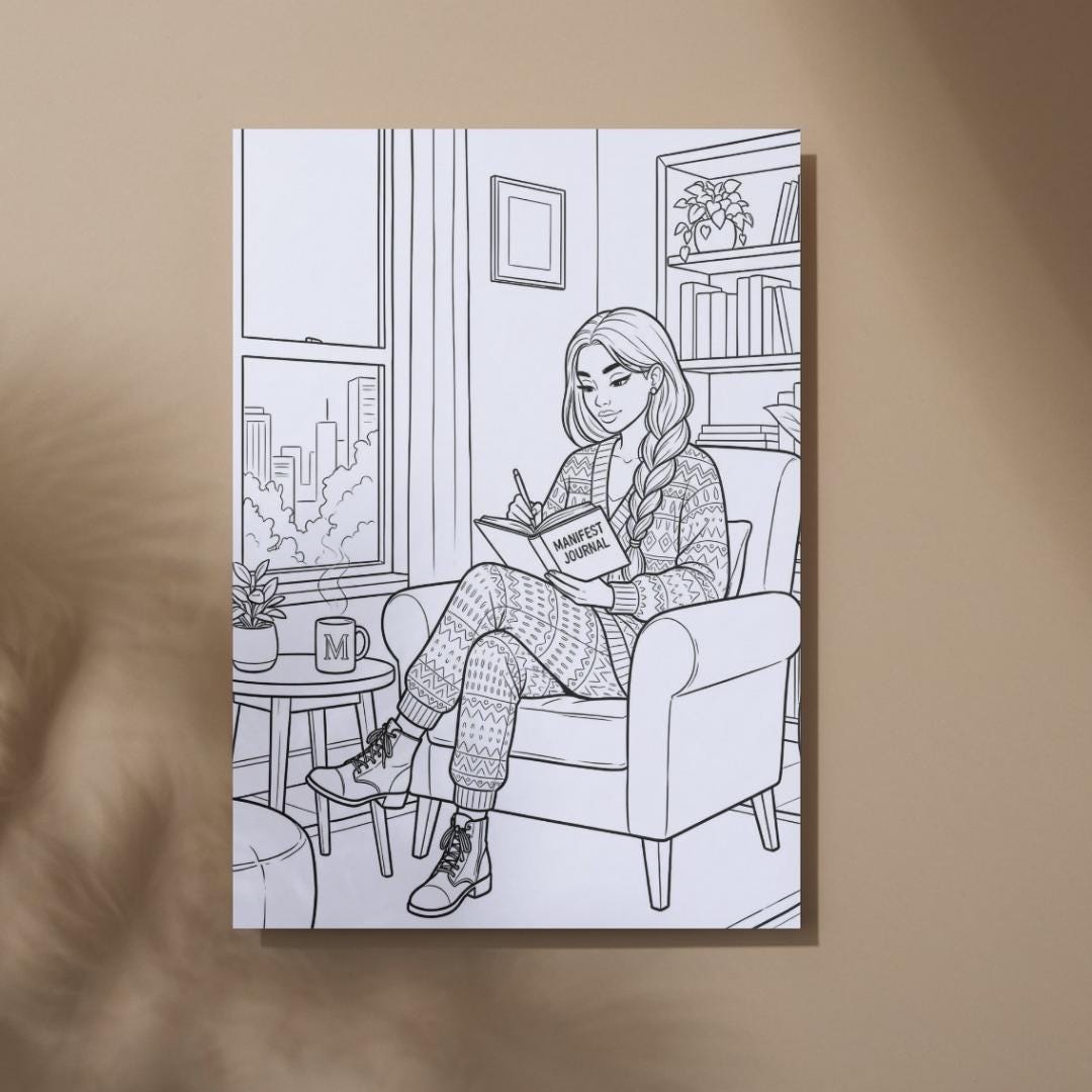 Manifestation Coloring Page | Woman Journaling in Cozy Sweater ...