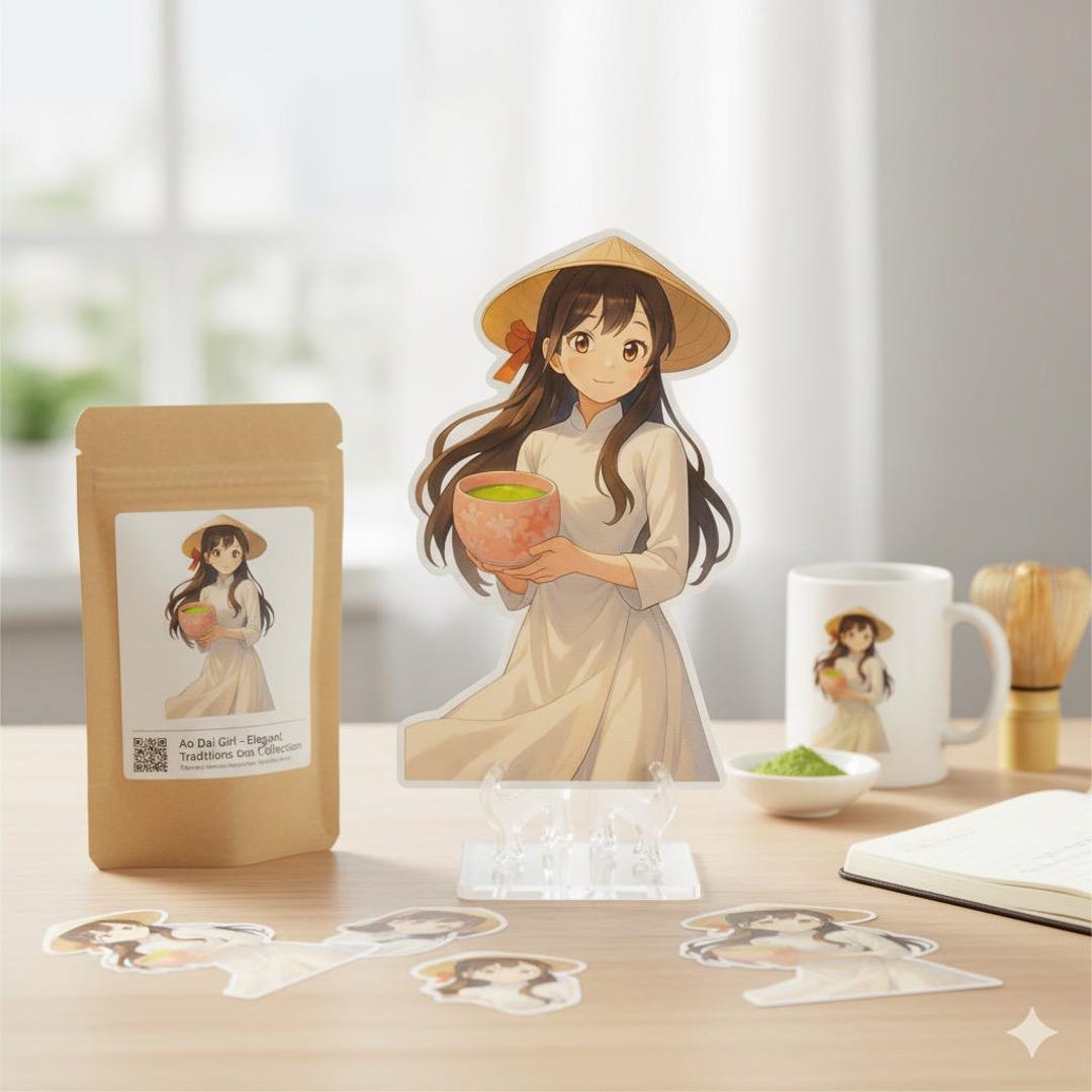 Vietnamese Ao Dai Girl With Pinky Floral Sakura Chawan Matcha Sticker ...