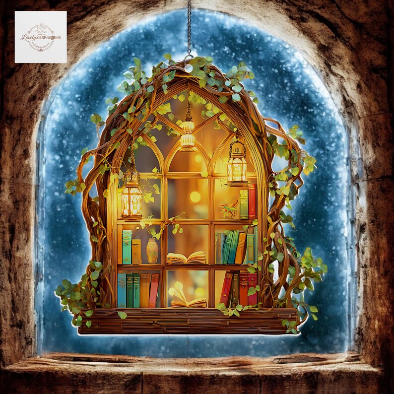 Magical Library Window Suncatcher – Gothic Arch Bookshelf Acrylic ...
