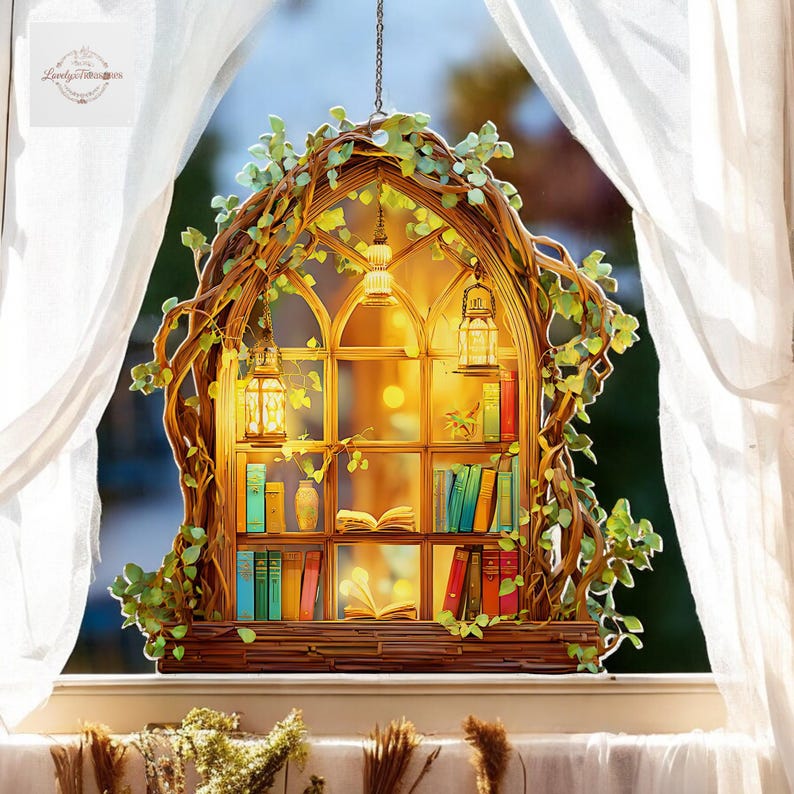Magical Library Window Suncatcher – Gothic Arch Bookshelf Acrylic ...