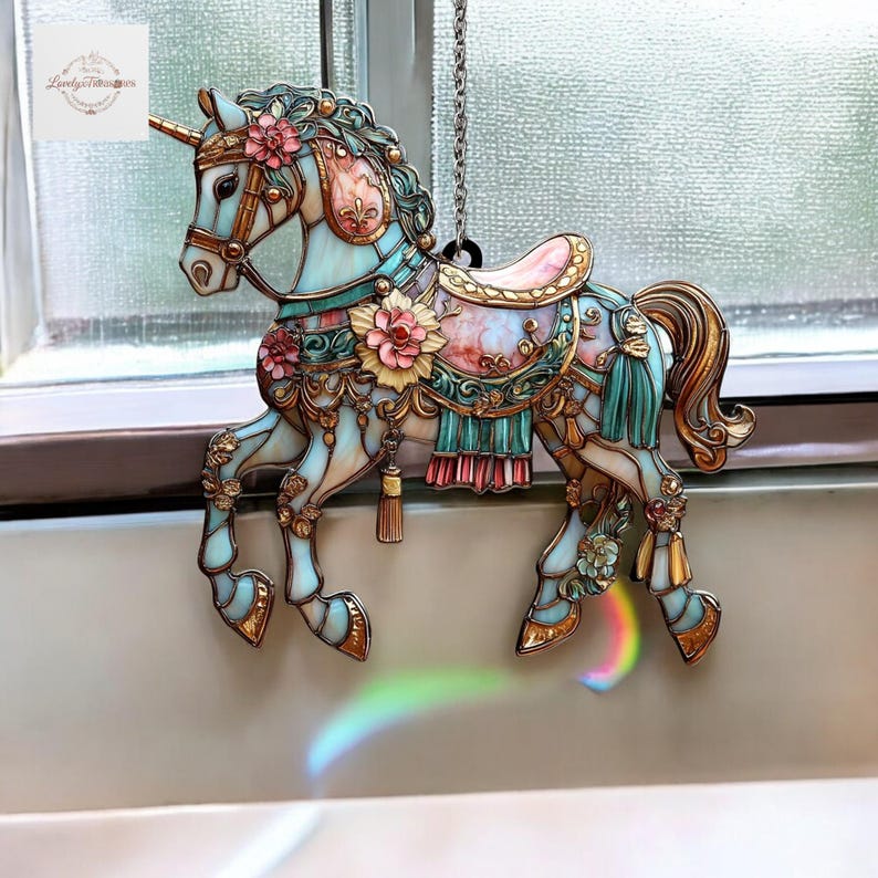 Floral Carousel Horse Acrylic Suncatcher – Fantasy Unicorn Window ...