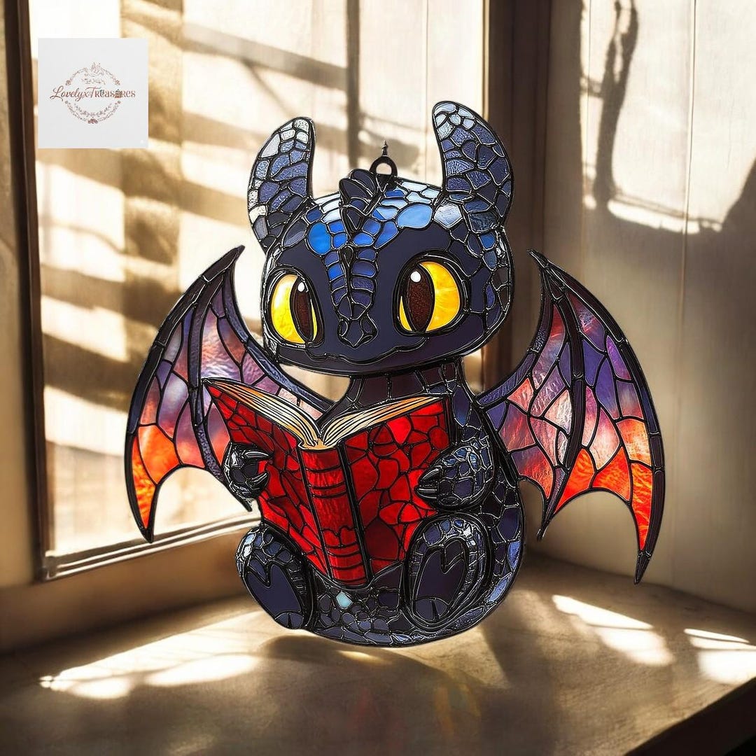 Cute Toothless Dragon Reading Book Acrylic Suncatcher – Whimsical Blue ...