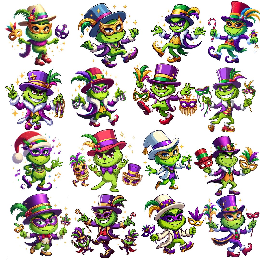 Mardi Gras Green Character PNG Bundle, Carnival Mask Grinch, Digital ...