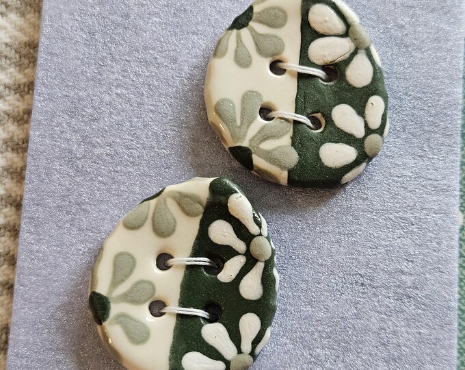 Studio Craft- 2 Leaf Shaped Porcelain Buttons - Dark Green N Gray With ...