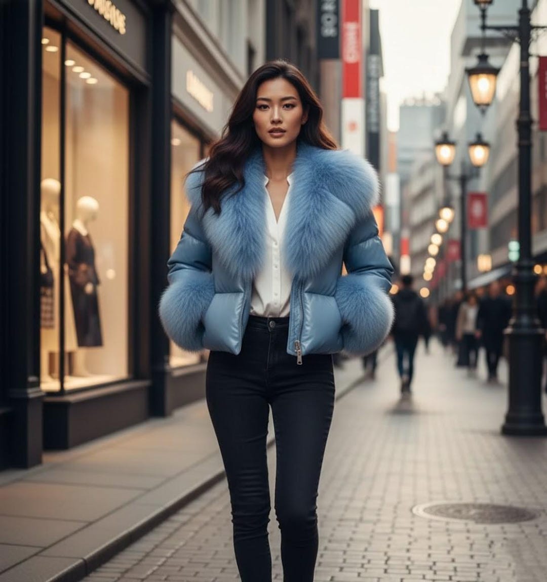 Luxury Powder Blue Leather Puffer Jacket With Oversized Faux Fur Collar ...