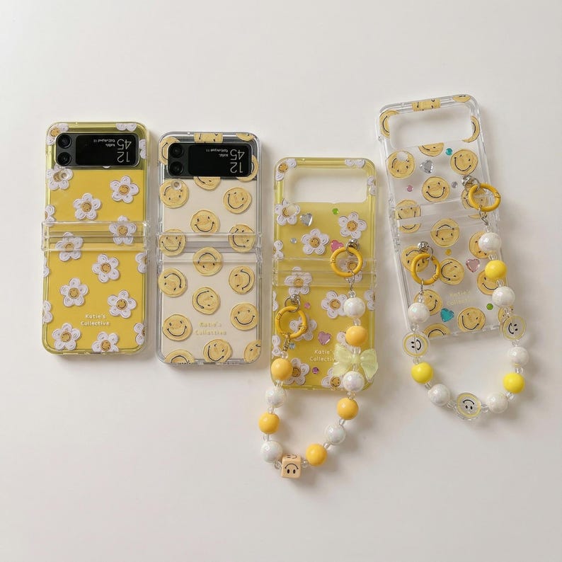 Cute Smiley Flower Flip Phone Case With Beaded Strap, Clear Soft Case ...