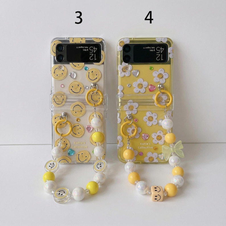 Cute Smiley Flower Flip Phone Case With Beaded Strap, Clear Soft Case ...