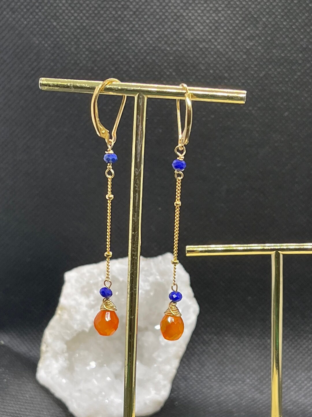 Long Teardrop Carnelian Earrings, Natural Faceted Carnelian Drop Earrings With Lapis Lazuli Tiny ...