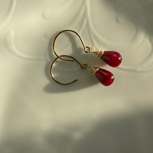 Genuine Ruby Drop Earrings, 14k Gold Filled, Wire Wrapped, July ...
