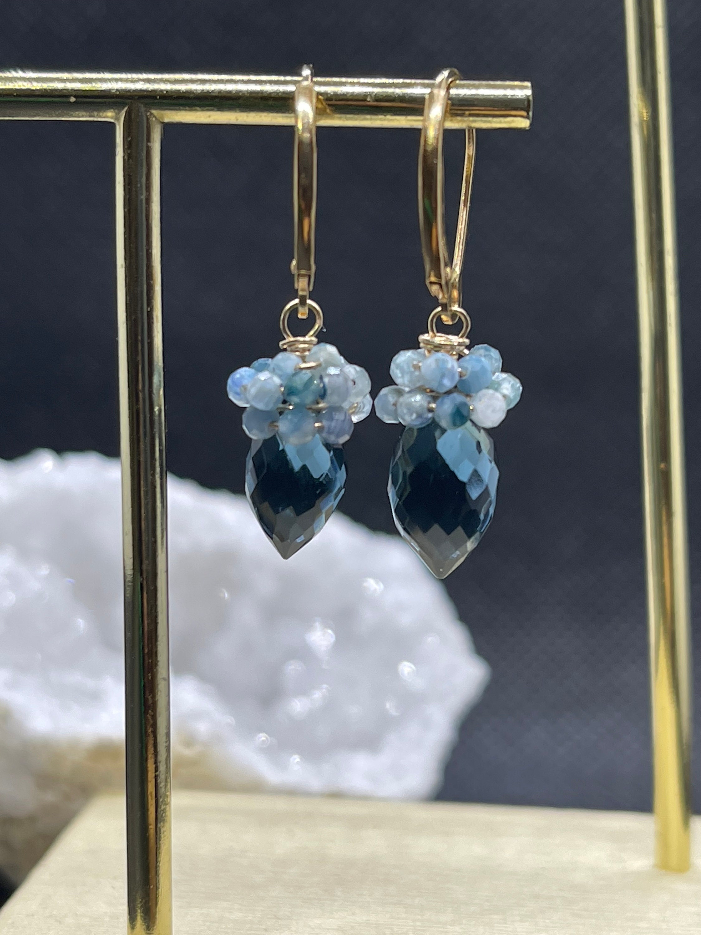 Cluster London Blue Topaz Earrings. December Birthstone Gold Wire Wrapped Earrings, Tiny Kyanite ...