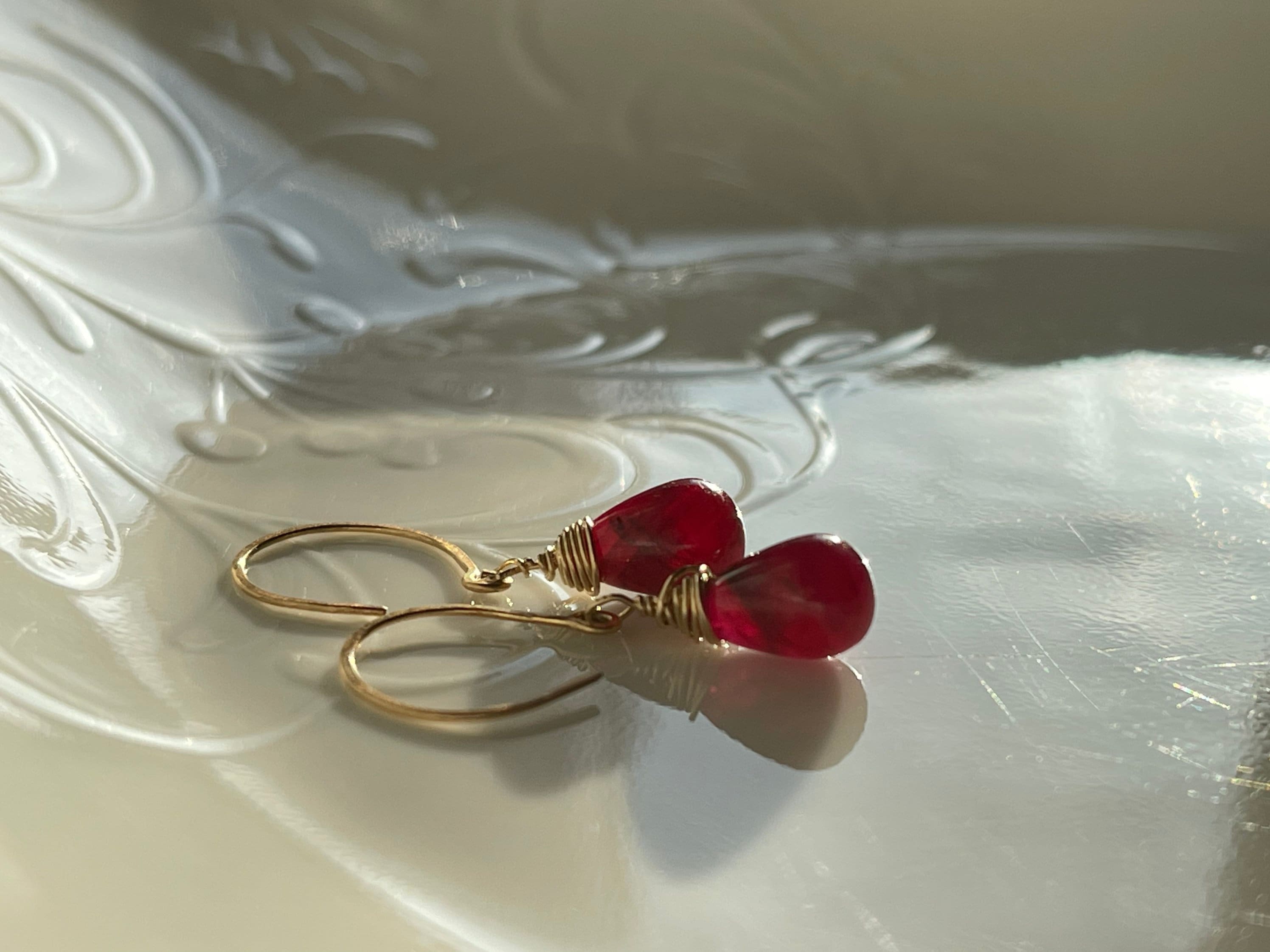 Genuine Ruby Drop Earrings, 14k Gold Filled, Wire Wrapped, July ...