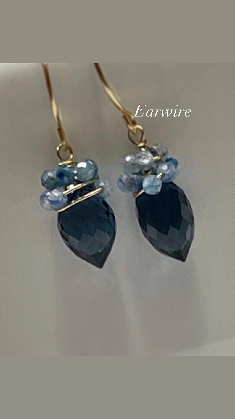 Cluster London Blue Topaz Earrings. December Birthstone Gold Wire Wrapped Earrings, Tiny Kyanite ...