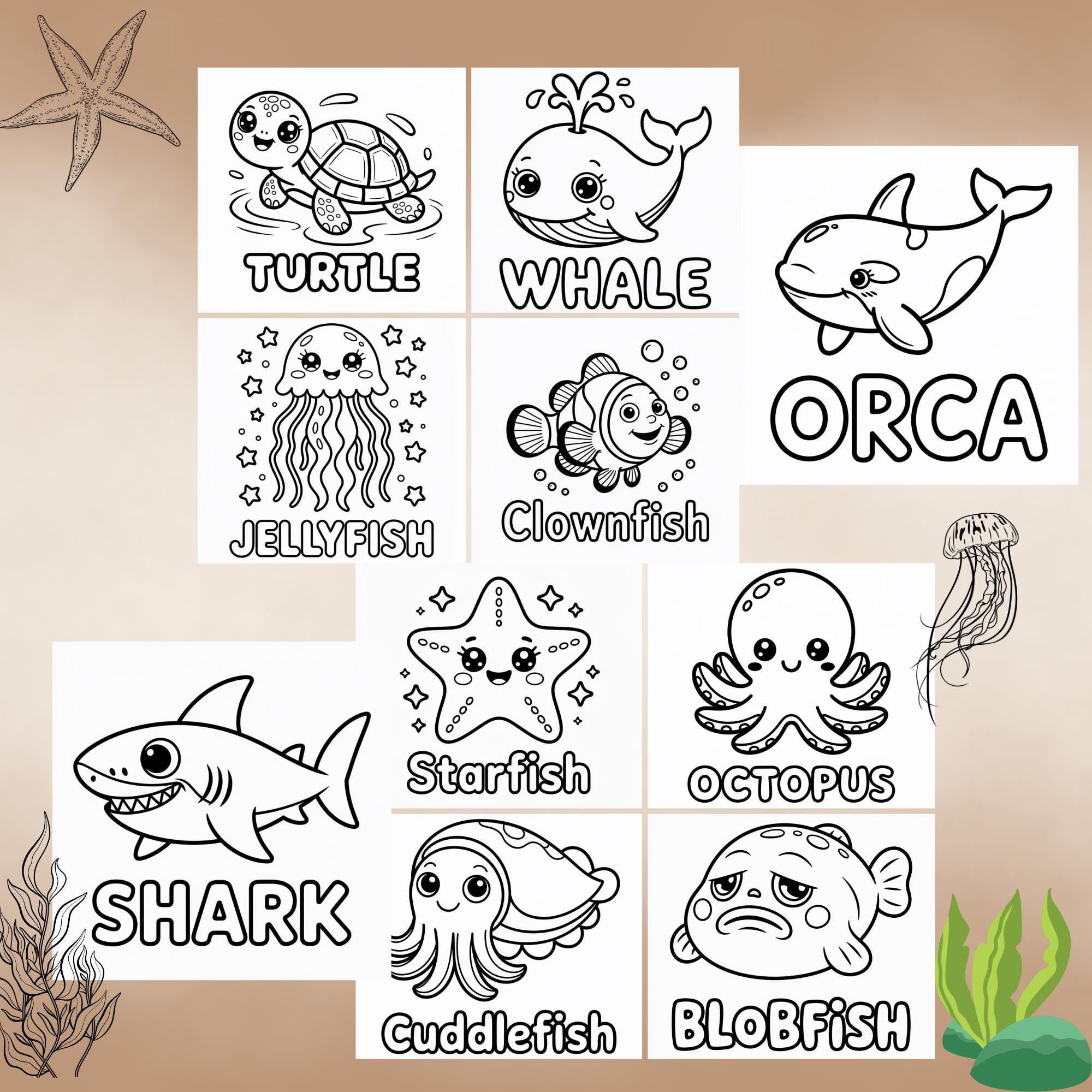 Kawaii Sea Animal Coloring Pages – 30 Printable Ocean Designs (PDF ...