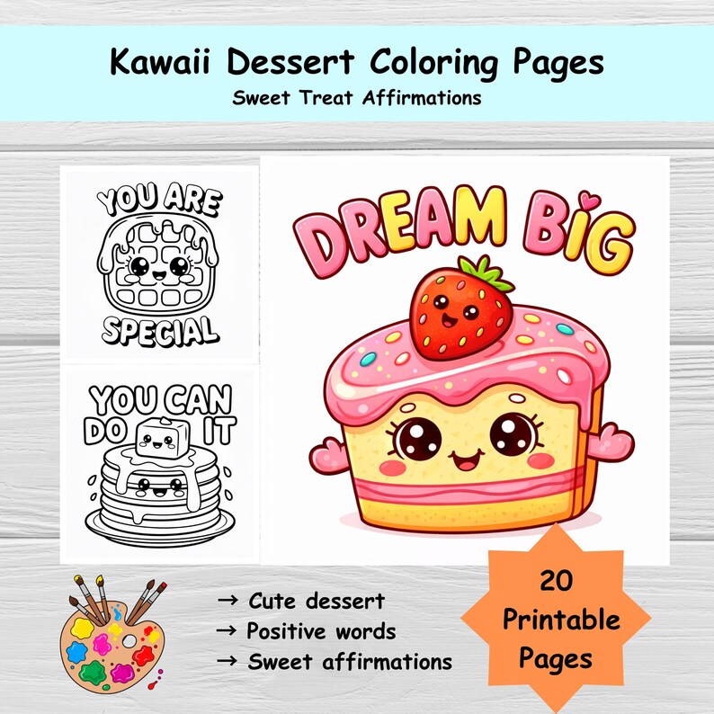 Kawaii Dessert Coloring Pages – Sweet Treat Affirmations (PDF Download ...