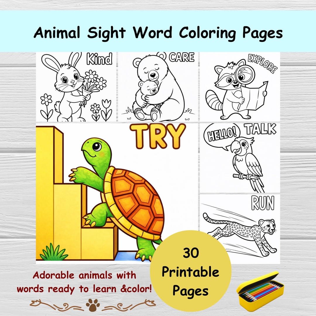Kawaii Animal Sight Word Coloring Pages – 30 Printable Worksheets (PDF ...