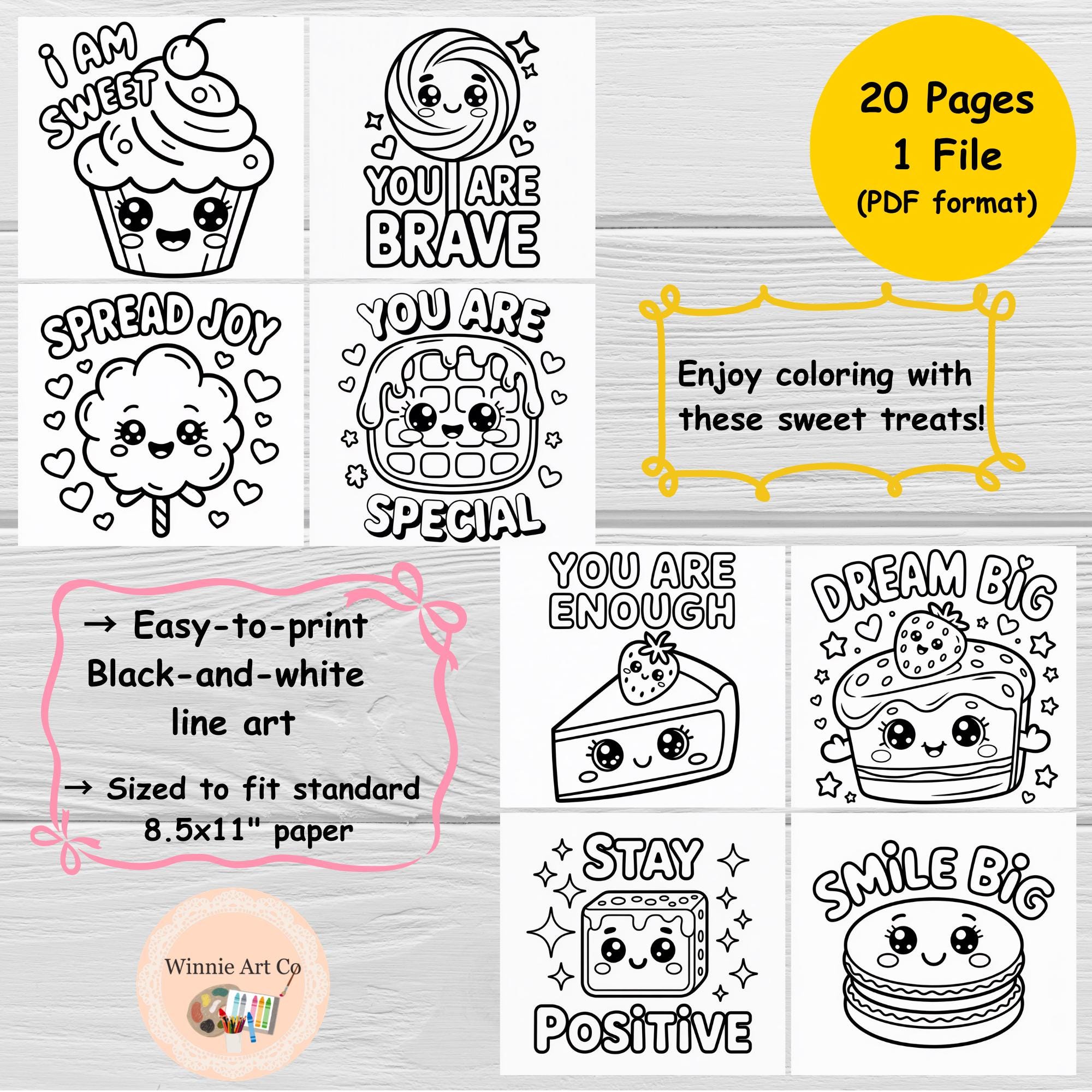 Kawaii Dessert Coloring Pages – Sweet Treat Affirmations (PDF Download ...