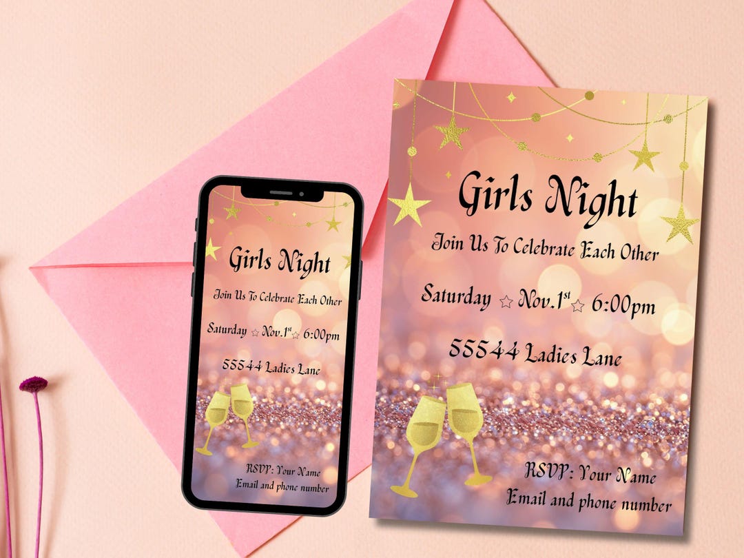 Girls Night Invitation, Digital Printable Party Invite, CANVA Editable ...