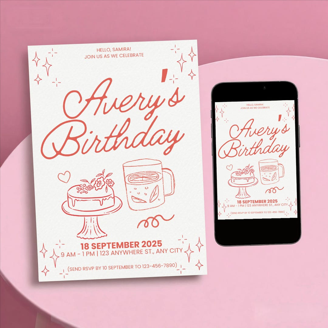 Birthday Party Invitation, Warm Red Cake & Drink Invite, Printable Kids ...
