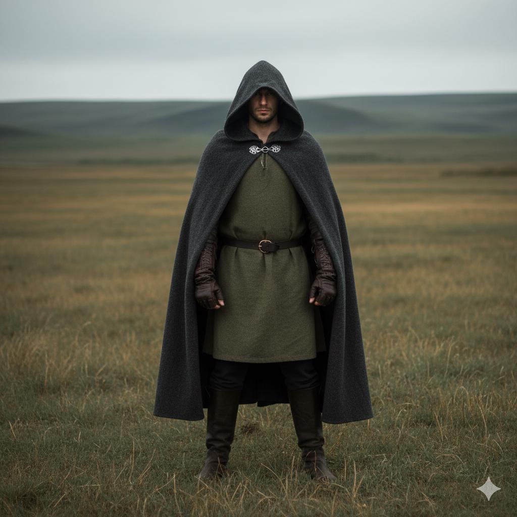 Medieval Ranger Costume Men's, Hooded Wool Cloak, Olive Green Viking ...