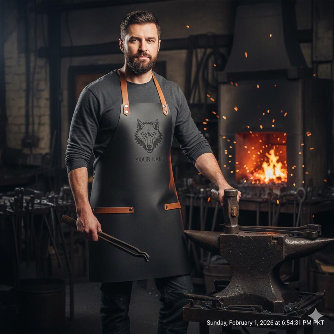 Personalized Leather Blacksmith Apron With Wolf Logo, Custom Engraved ...