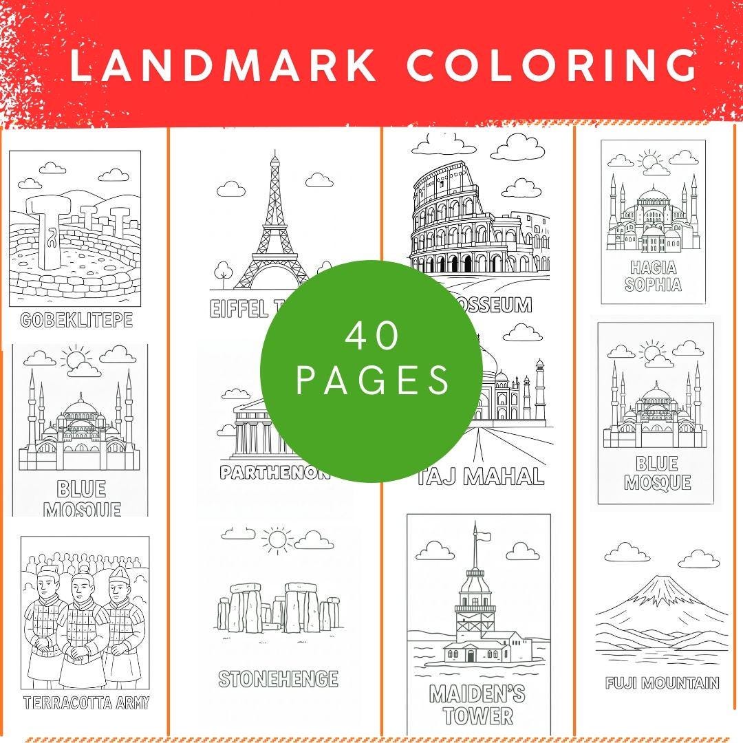 World Landmarks Coloring Pages, Educational Activity (digital Download ...