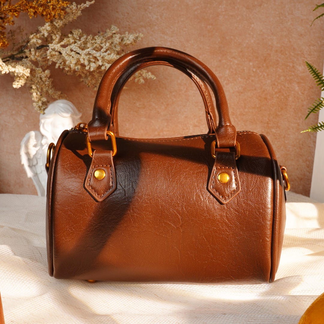 Handmade Leather Handbag,brown Vintage Barrel Purse With Gold Hardware ...