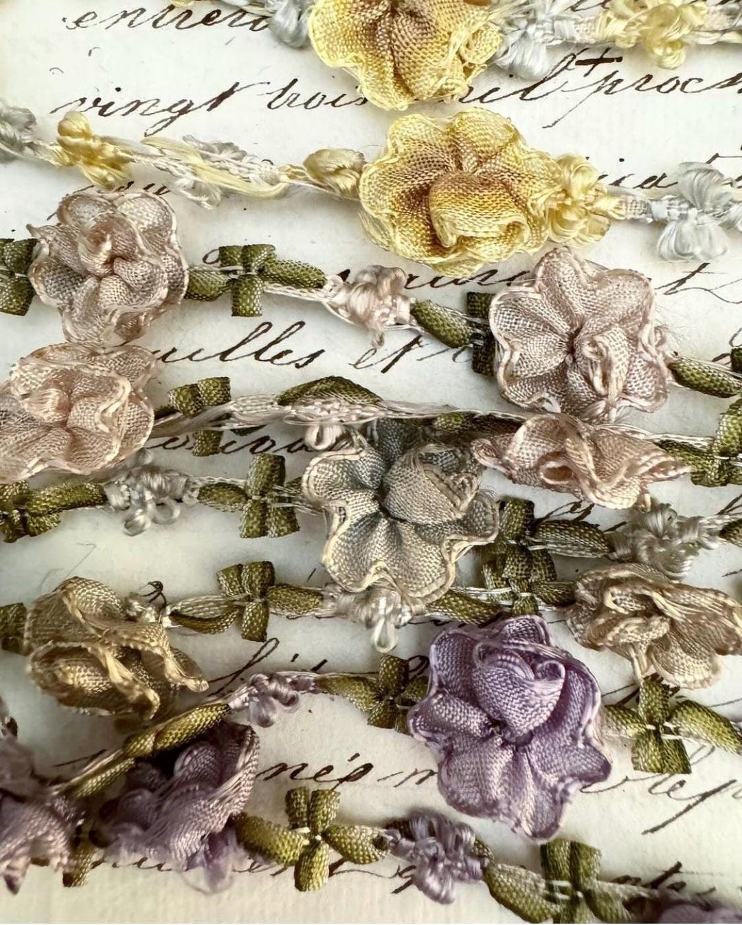 12” Vintage Antique French Silk Ribbon Lingerie Rosebuds Ribbonwork ...