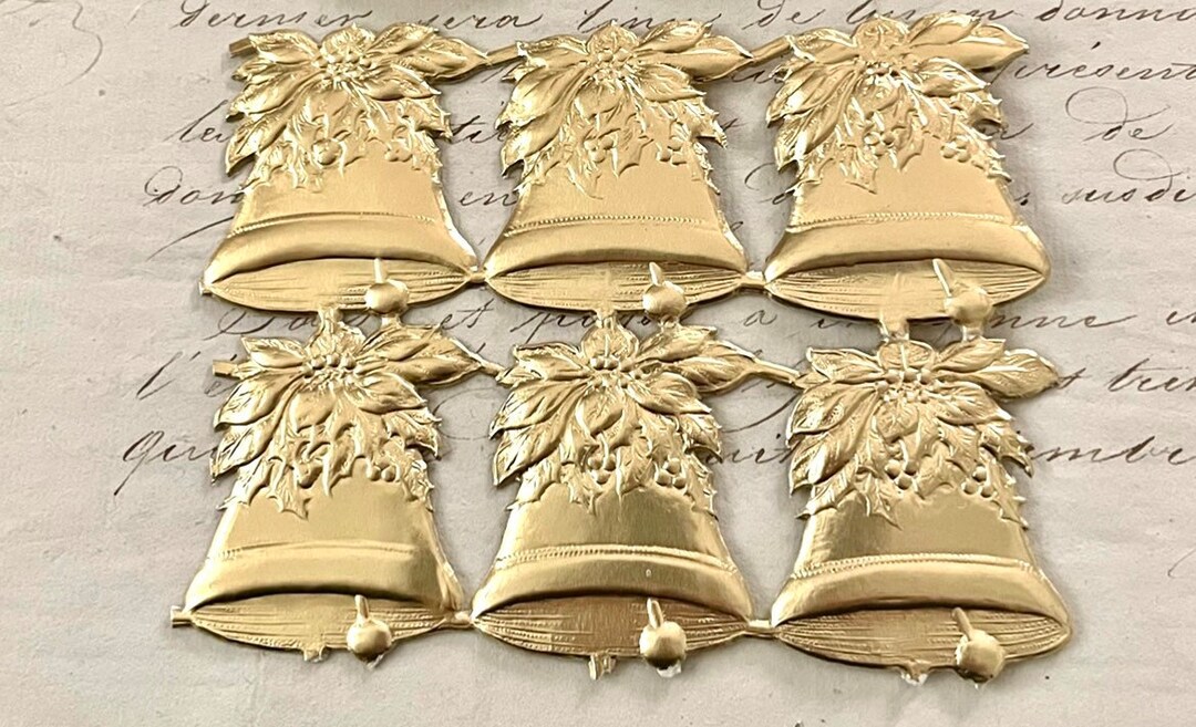 6 Gold Dresden Paper Foil Xmas Bells W/holly Dresden Diecut Victorian ...