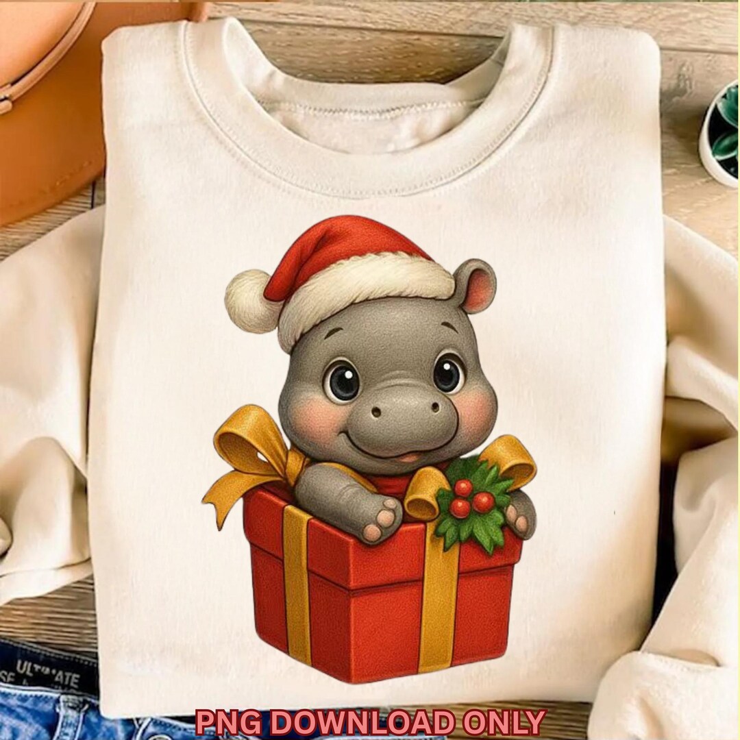 Santa Hippo in Gift Box PNG | Cute Christmas Hippo Clipart for ...