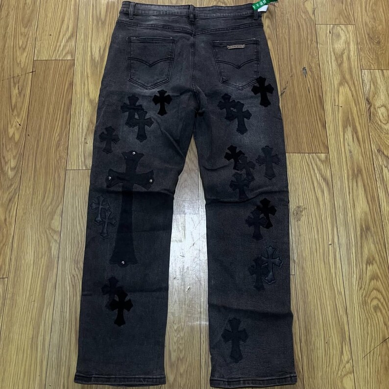 Black Denim Jeans | Leather Cross Patch Jeans With Silver Hardware ...