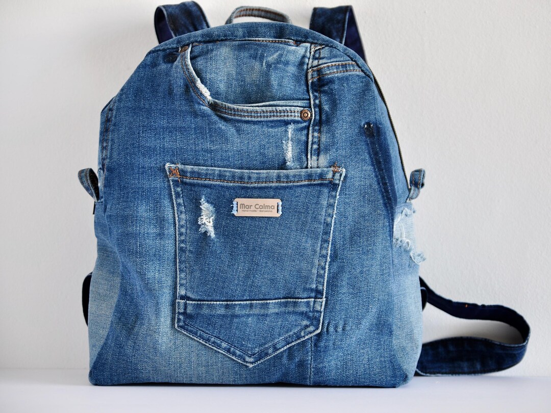 Upcycled Denim Backpack – Handmade Recycled Jeans Bag With Multiple ...
