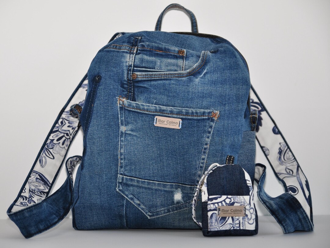 Upcycled Denim Backpack With Mini Bag for Women • Blue Floral Cotton - Etsy