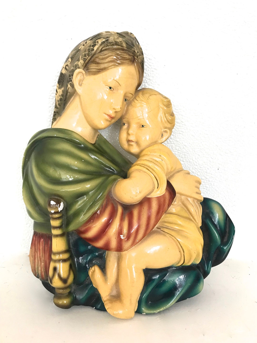 Large Chalk Ware Religious Plaque of the Virgin Mary Holding Baby Jesus ...