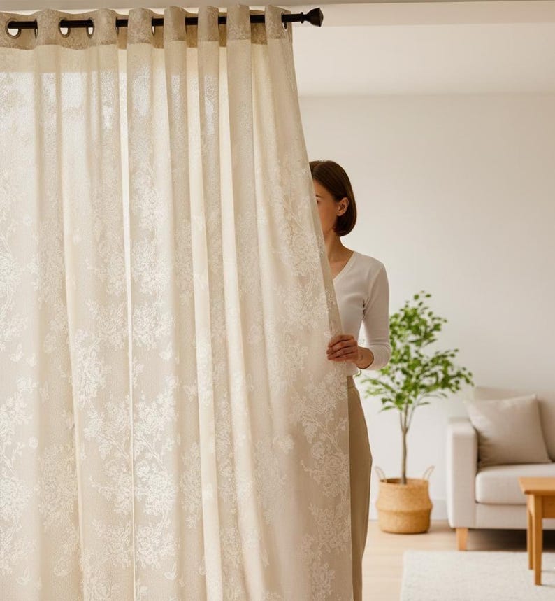 Sheer Linen Curtains With Ivory Floral Embroidery – Custom Sizes ...