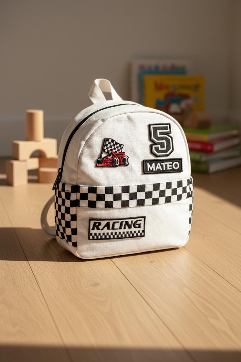 Toddler Backpack White Racing Theme, Personalized Name Toddler Bag ...