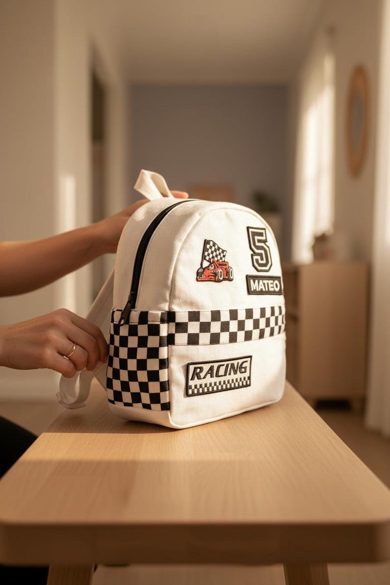 Toddler Backpack White Racing Theme, Personalized Name Toddler Bag ...