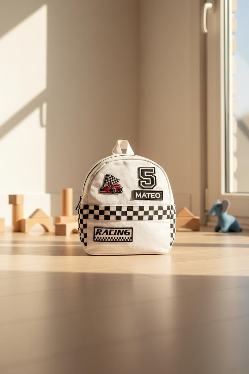 Toddler Backpack White Racing Theme, Personalized Name Toddler Bag ...