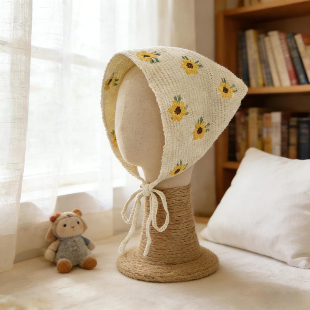 Crochet Sunflower Triangle Bonnet, White Handmade Floral Headscarf for ...